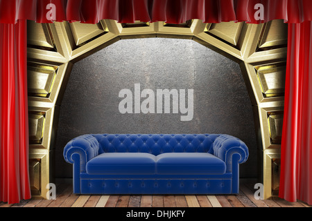 red fabric curtain and sofa on golden stage Stock Photo - Alamy