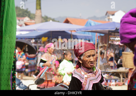 An old Flower Hmong women in traditional costume eating a sugar cane ...