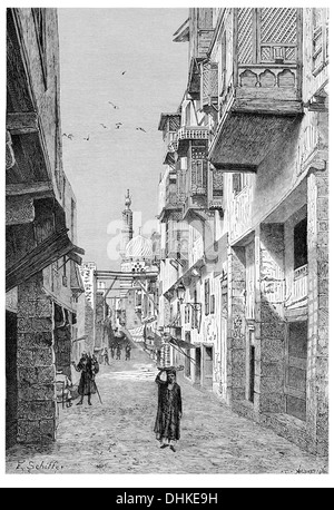 Cairo street in 19th century, Ancient Egypt. Old 19th century engraved ...