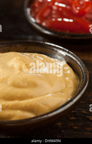 Creamy yellow mustard sauce in decorative white ceramic bowl ...