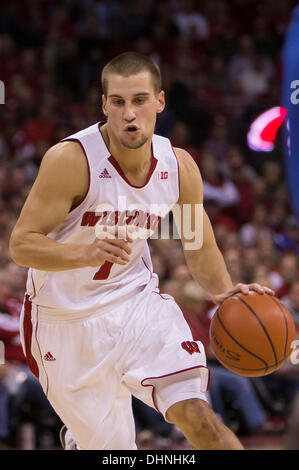Wisconsin guard Ben Brust (1) drives against American center Tony ...
