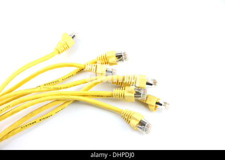 Yellow LAN Cables on white background Stock Photo - Alamy