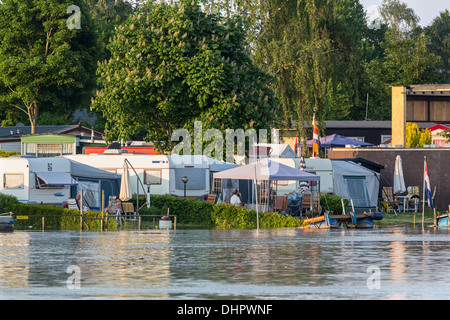 Netherlands, Olst, IJssel river. Camping site, situated in the flood ...