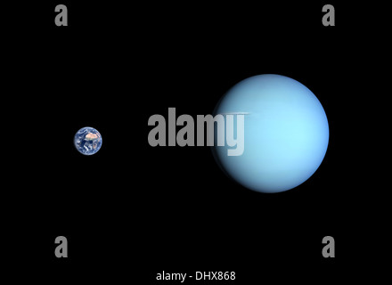 A comparison between the planets Earth and Uranus on a clean black ...