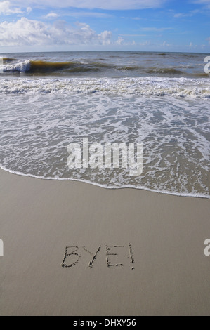 Seashore with BYE! written on the sand Stock Photo - Alamy
