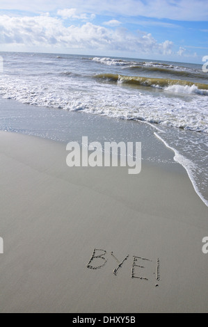 Seashore with BYE! written on the sand Stock Photo - Alamy