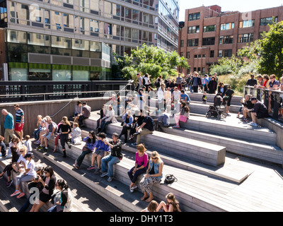 The new High Line Park wooden seating architecture with people family ...
