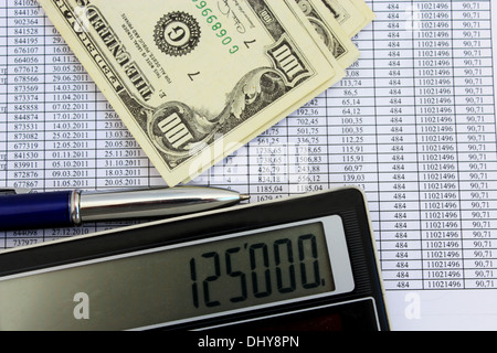 dollar bank notes, calculator, some tables and pen Stock Photo - Alamy