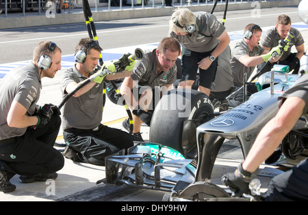 The Mercedes AMG Petronas pit crew of driver Nico Rosberg changes tires ...