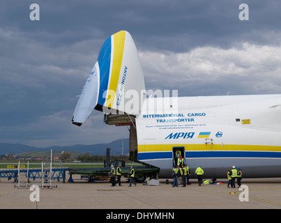 Risen nosegear and extended loading platform of Antonov An-225 during ...