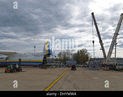 Risen nosegear and extended loading platform of Antonov An-225 during ...