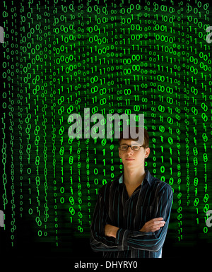 Nerd computer businessman on matrix binary background Stock Photo - Alamy