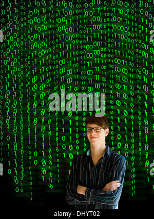 Nerd computer businessman on matrix binary background Stock Photo - Alamy