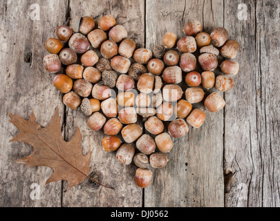 Acorns forming a heart on a wooden background Stock Photo - Alamy
