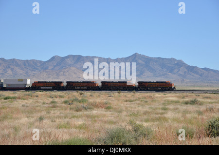 Huge American multiple unit freight train with 4 locomotives runs along ...