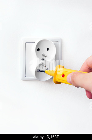 service man installing power socket in wall with screwdriver Stock ...