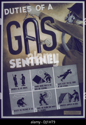 Gas warfare poster, World War I. Poster showing a soldier with his gas ...