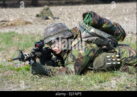 A soldier of the dutch army is aiming his automatic weapon during a ...