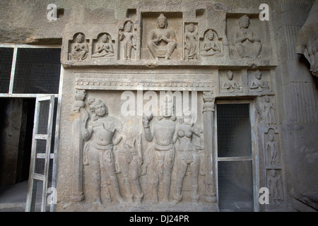 Cave 3 : Mithuna couples with Buddha images on the left of the Verandah ...