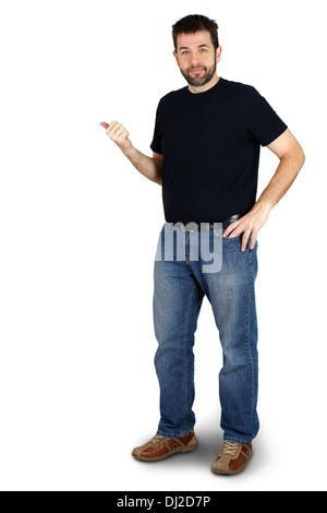 Happy smiling guy showing average gesture, thumbs down up, cant decide ...