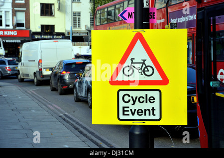 Road sign informing of a cycle event in London Stock Photo - Alamy