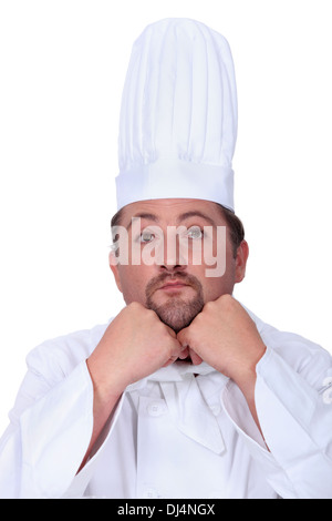bad chef. mature male cook isolated on white. cooking in kitchen ...