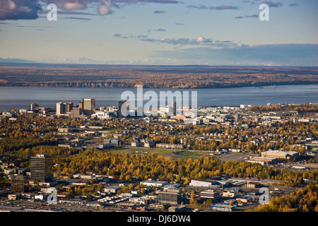 Aerial View Of The Anchorage Skyline During Autumn, Southcentral Stock ...