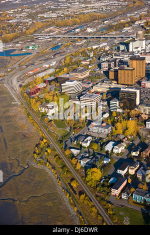 Aerial View Of The Anchorage Skyline During Autumn, Southcentral Stock ...