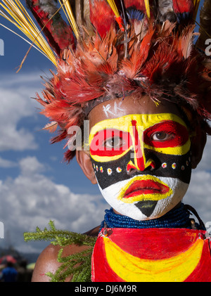 Jiwaka province of Papua New Guinea flag waving on the top sunrise mist ...