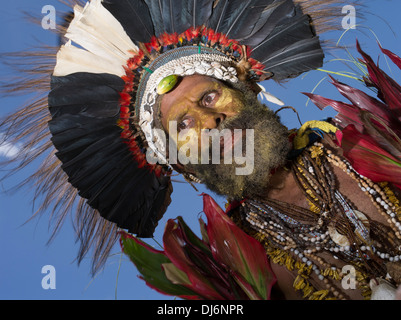 Tribal man wearing Koteka penis sheath at the Goroka Show singsing ...