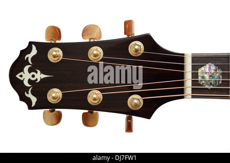 Headstock with tune machine head of acoustic six-string guitar close-up ...