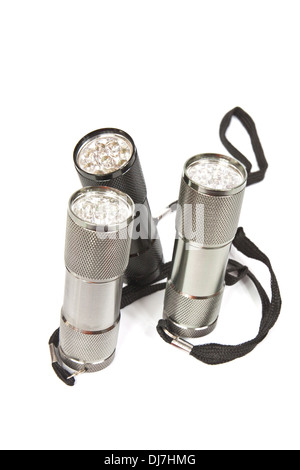 LED flashlights with aluminum body and hand strap on a white background ...