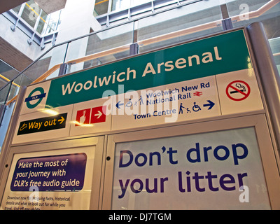 Interior of Woolwich Arsenal DLR Station showing DLR train at platform ...
