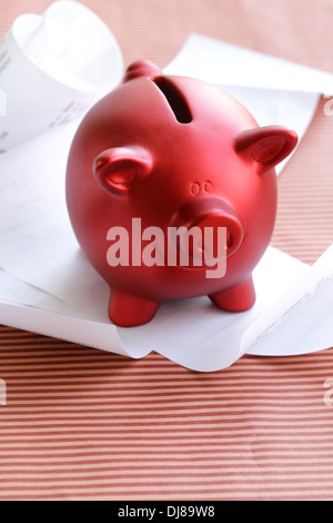 funny red Pig Piggy with lots of receipt - saving concept Stock Photo ...