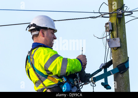 BT telephone engineer working fixing telephone lines down manhole in ...