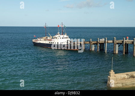 MS Oldenburg moored at the Lundy Island landing jetty 10 miles off ...