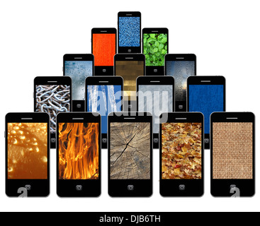 modern mobile phones with different abstract textures on the screen of ...