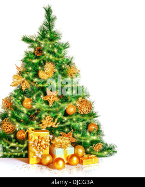 White Christmas tree with gifts Garland lights new year winter holiday ...