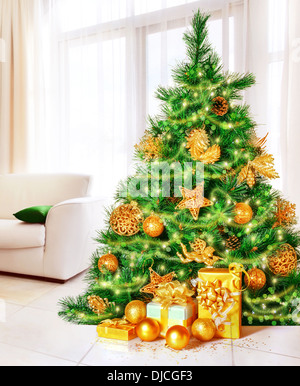 Christmas Interior home decor gifts new year tree Stock Photo - Alamy