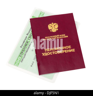 Russian pension certificate and certificate of insurance isolated on ...