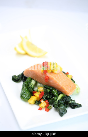 Close up Fresh Samol with mango salsa Stock Photo - Alamy