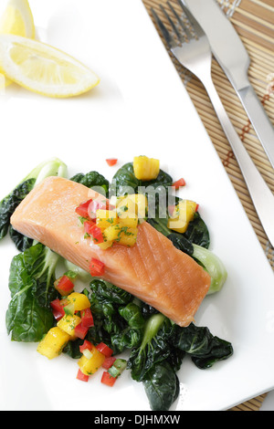 Close up Fresh Samol with mango salsa Stock Photo - Alamy