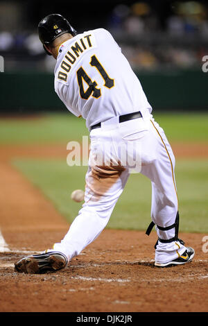 Pittsburgh Pirates C #41 Doumit swings at a pitch in a game vs the LA ...