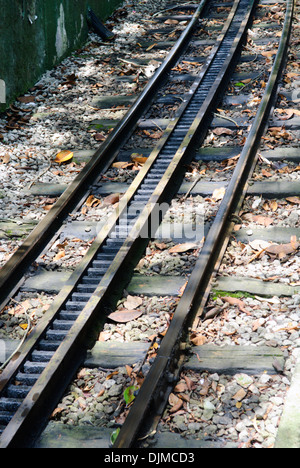 Detail of rack railway track and cog rack for Jungfraubahn funicular ...