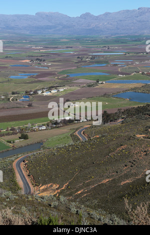 Aerial view of Ceres and surrounding farms and mountains, as viewed ...