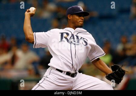 Tampa Bay Rays pitcher Edwin Uceta reacts after giving up a home run to ...