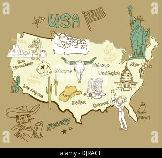 Stylized map of America. Things that different Regions in USA are ...