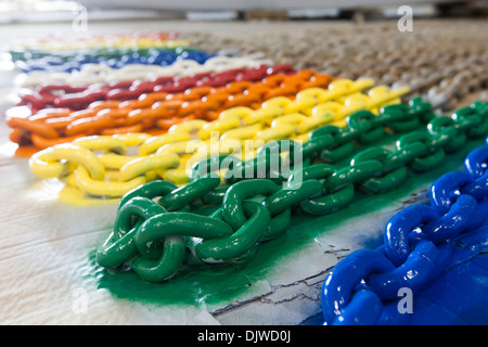 Anchor chain for yacht is marked at set distances using bright rainbow ...