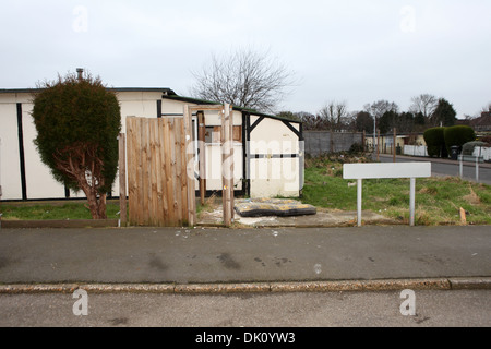 Boarded up post-war prefab on the Excalibur Estate, Caford, London ...