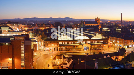 Carlisle city centre at night including Debenhams the Market Hall and ...
